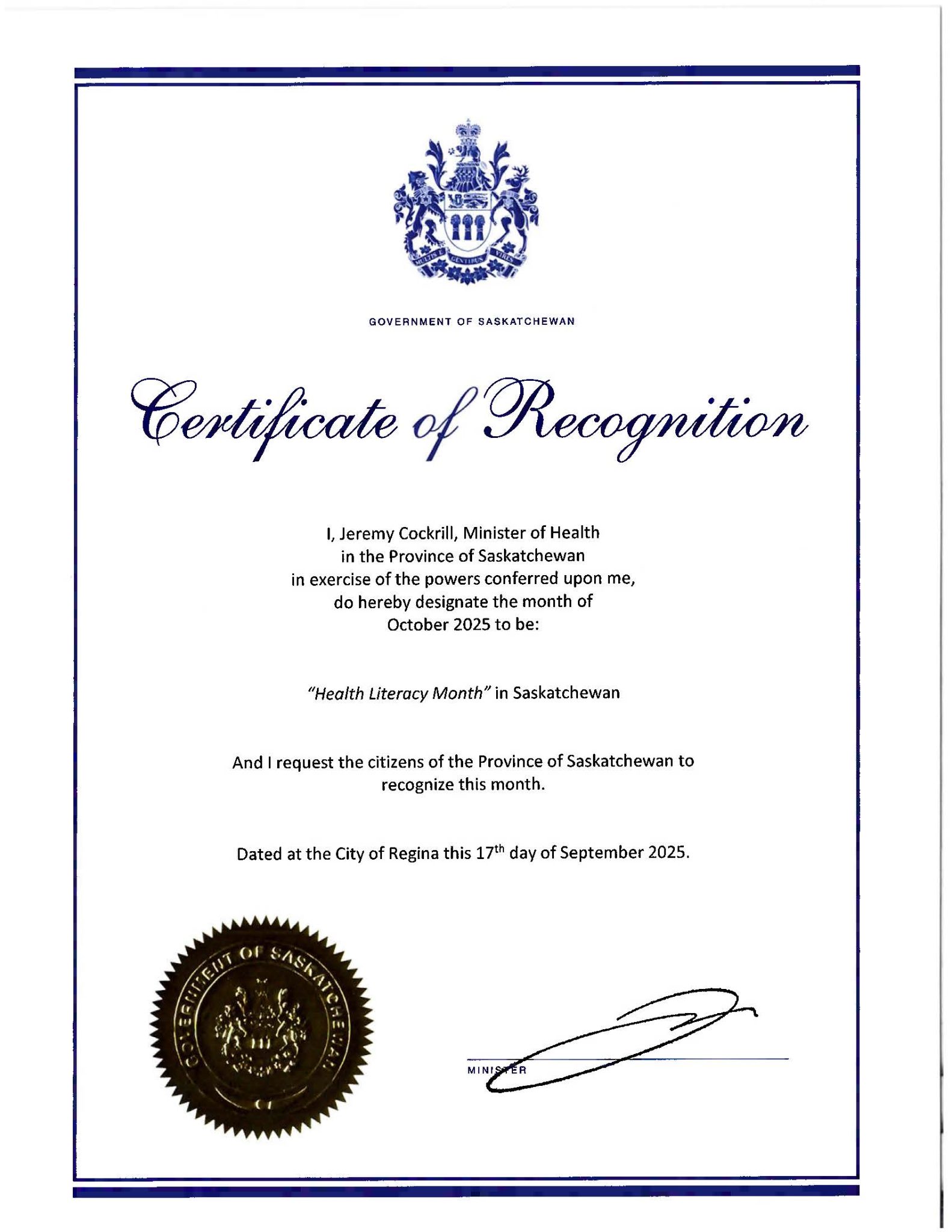 Saskatchewan Blue Cross™ celebrates renewed provincial proclamation and ...